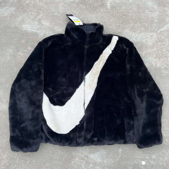 Nike | Jackets & Coats | Nwt Nike Womens Oversized Faux Fur Swoosh ...